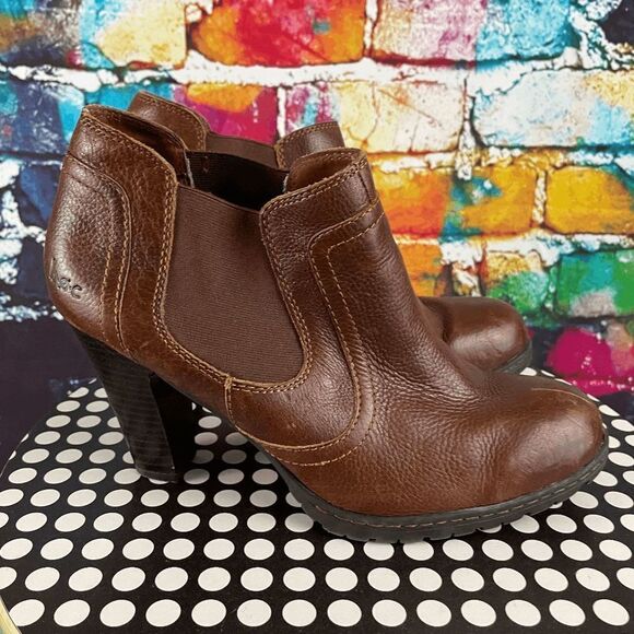 Born | Shoes | Born Pebbled Brown Leatherankle Booties Stacked Heel ...